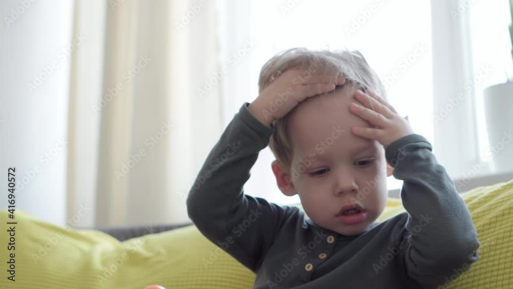 close up authentic sick little preschool excited child boy 2-3 years in ...