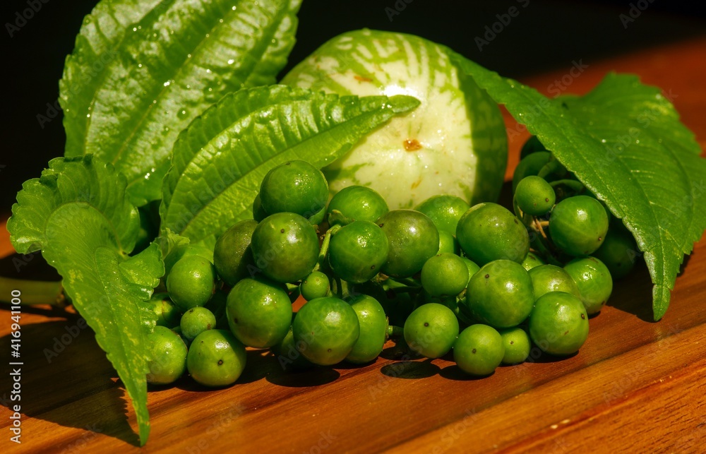 Traditional Sundanese raw salads Leunca Solanum nigrum in shallow focus ...