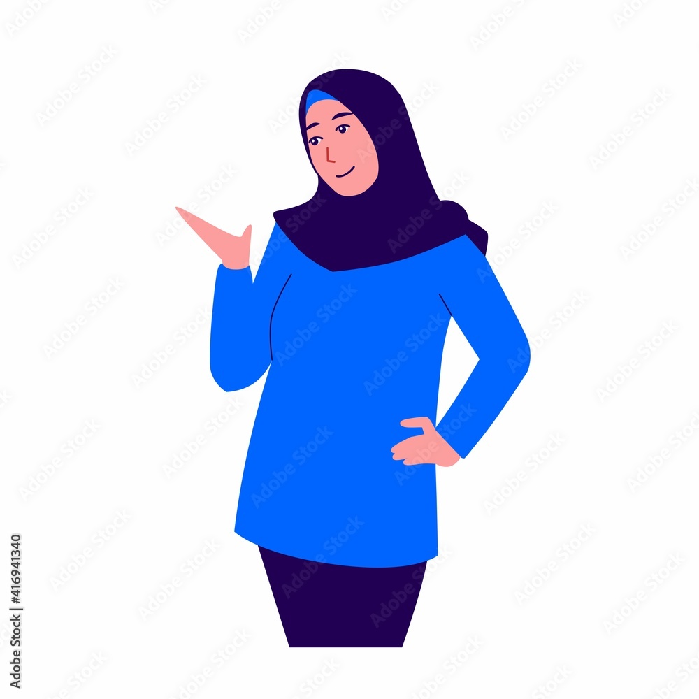 Muslim women wearing trendy clothes and hijab. presentation pose. Flat ...