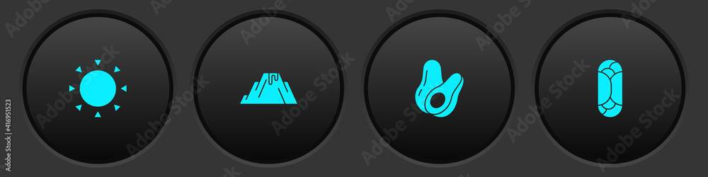 Set Sun, Volcano eruption with lava, Avocado fruit and Burrito icon ...
