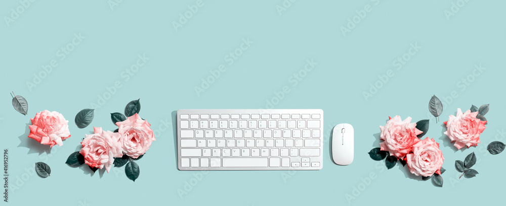 Computer keyboard and a mouse with pink roses - flat lay Stock Photo ...