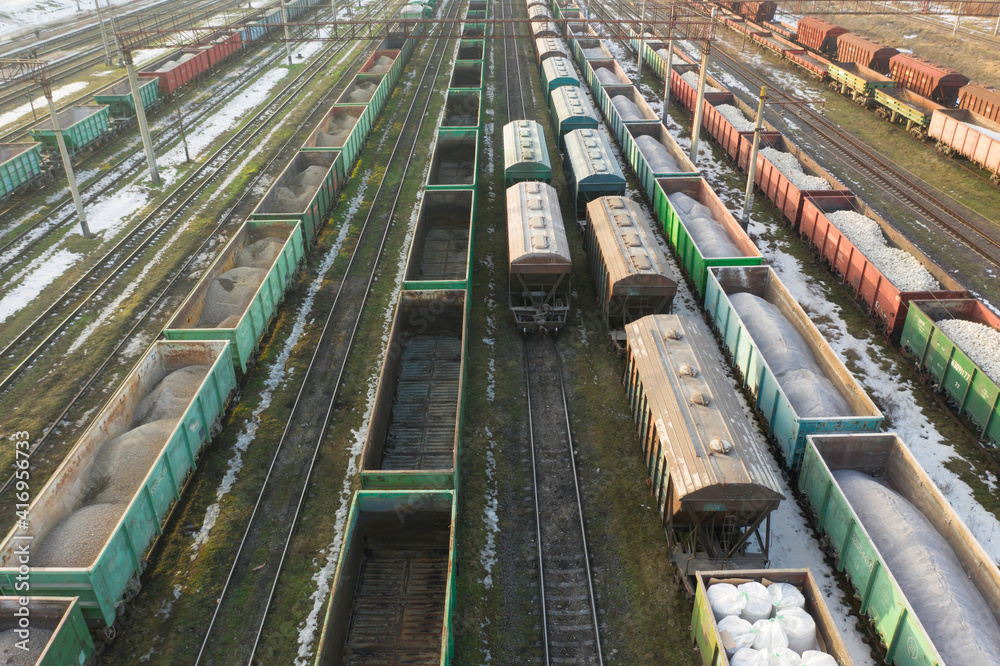 Cargo train in sorting freight railway station, rail freight transport ...