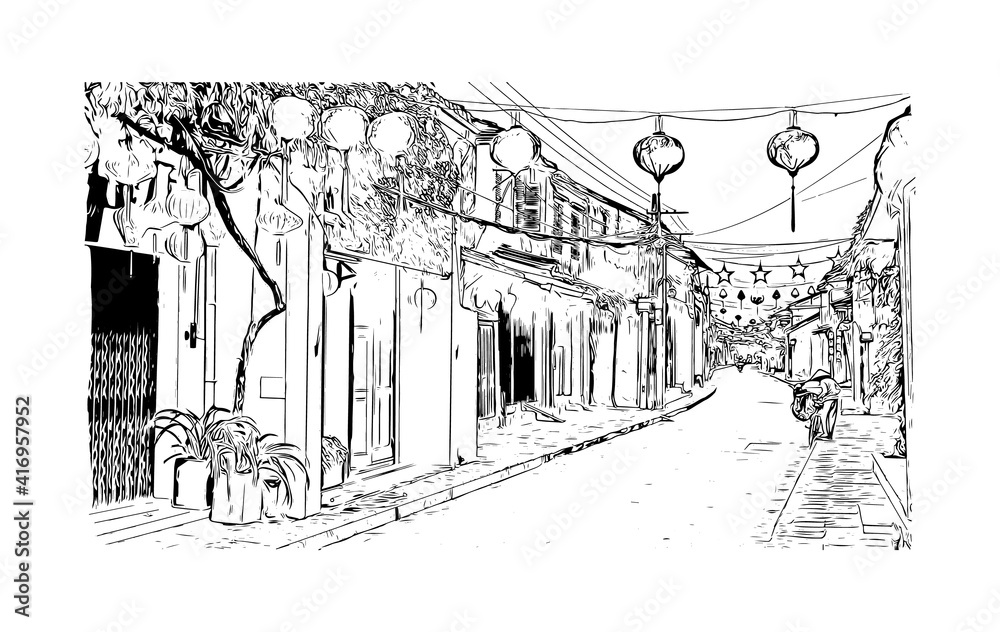 Building view with landmark of Hoi An is a city on Vietnam. Hand drawn ...