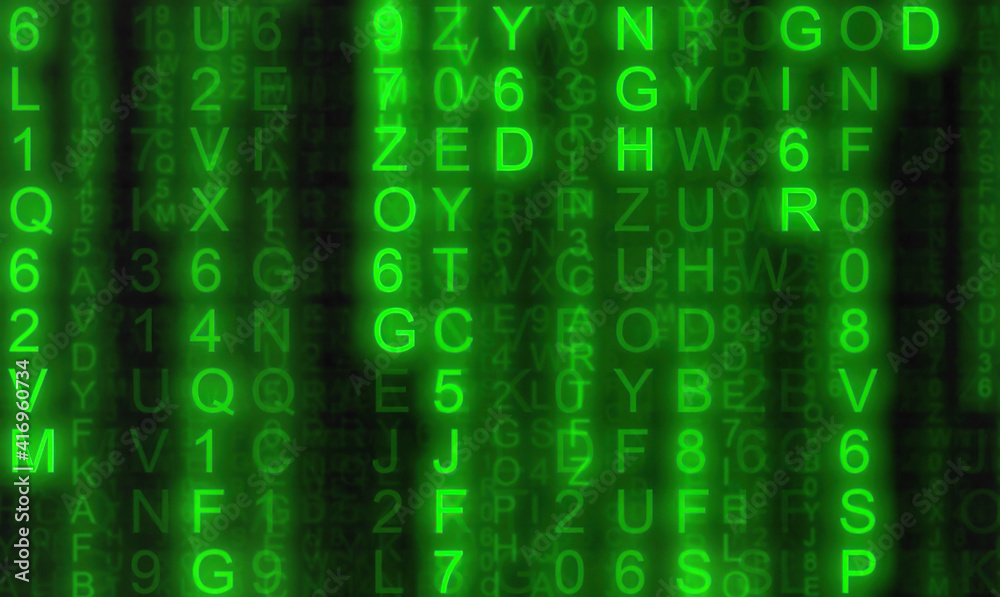 Green glowing random computer symbols falling down, code rain (a ...