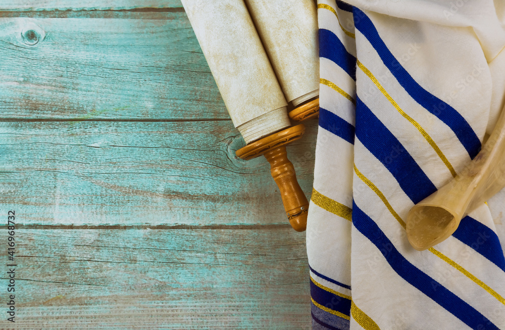 Jewish holidays, during prayer items kippa with prayer shawl tallit on ...