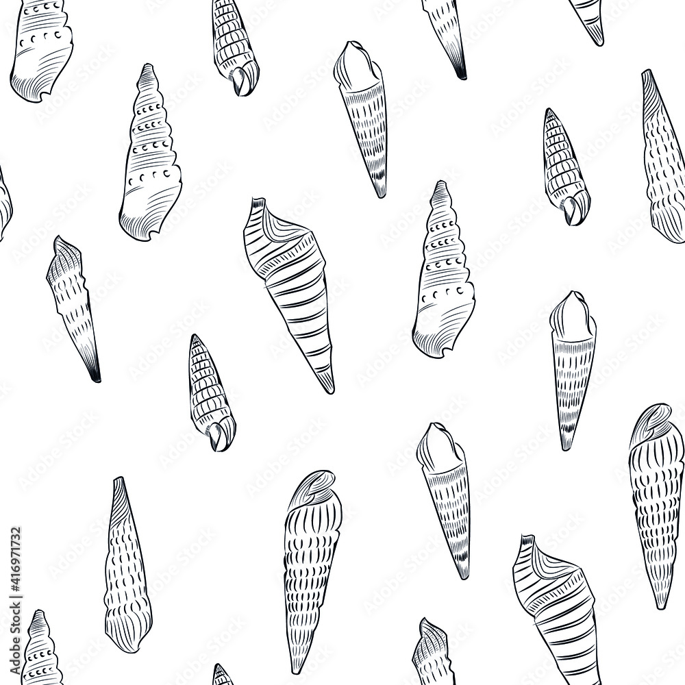 seashells seamless pattern. black and white wallpaper. marine design ...