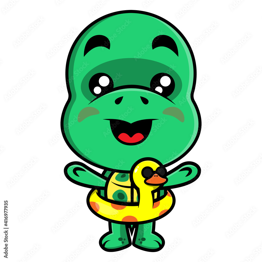 Funny Little Turtle cartoon characters wearing duck buoy and get ready ...