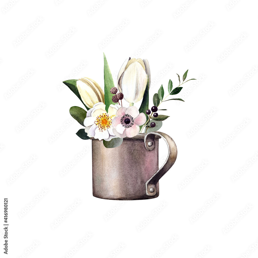 Watercolor flowers. Spring flowers in a cup. Watercolor illustration ...