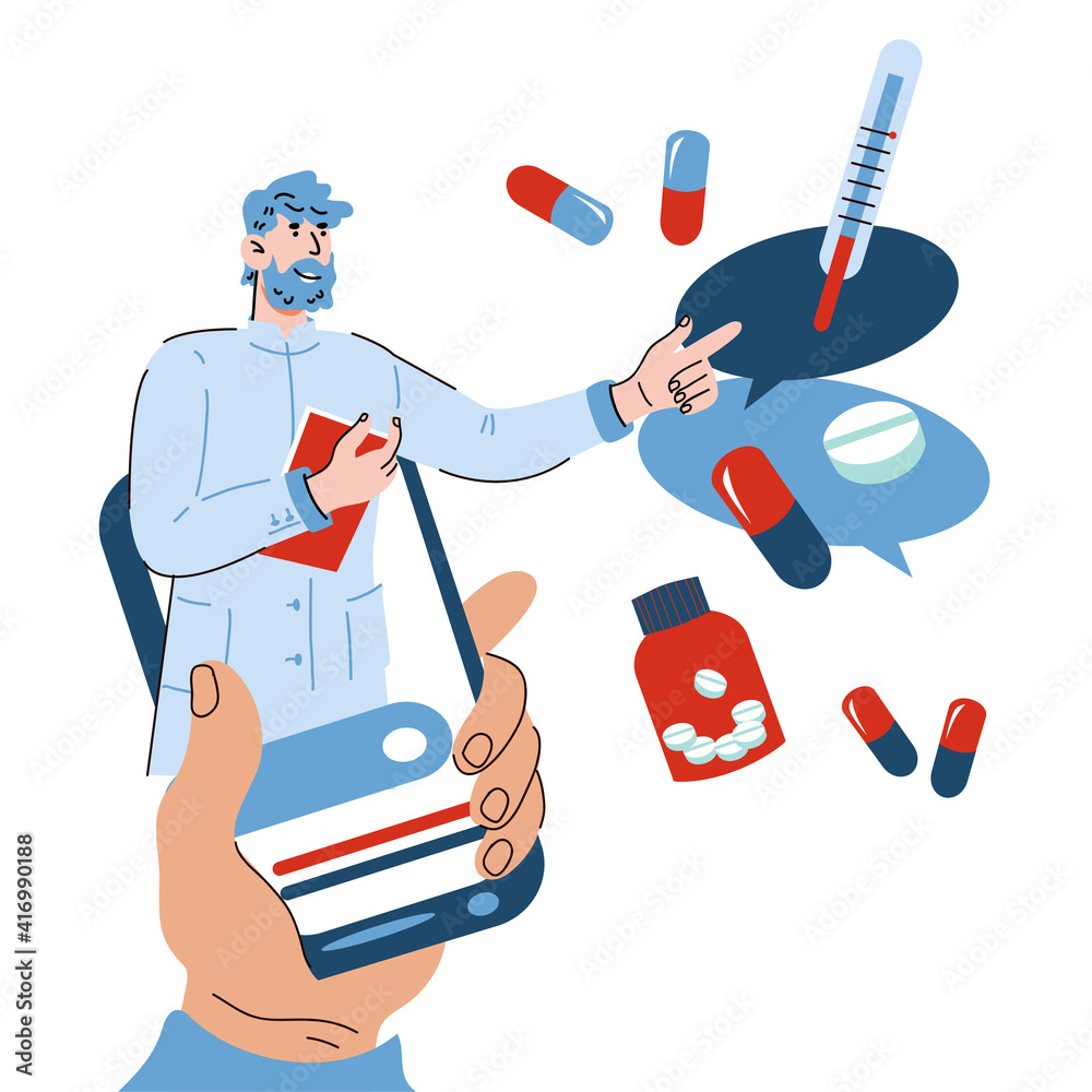 Online pharmacy or medical consultation with doctor on phone screen ...