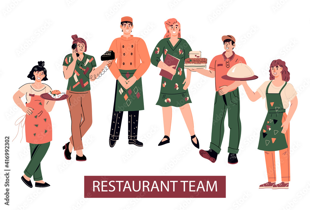 Restaurant or takeaway, fast food cafe staff standing, cartoon vector ...