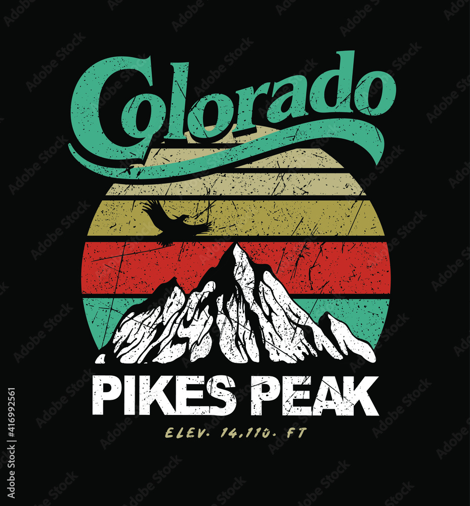 Colorado Pikes Peak Mountain illustration in retro style and colours ...