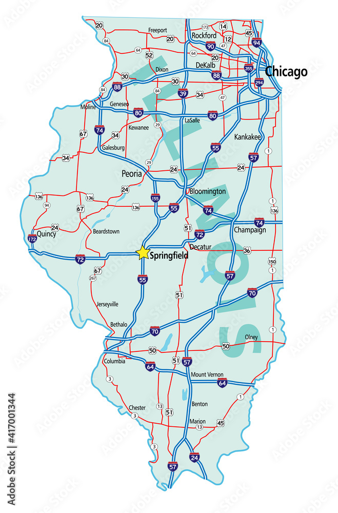 Vector map of the state of Illinois and its Interstate System. Stock ...
