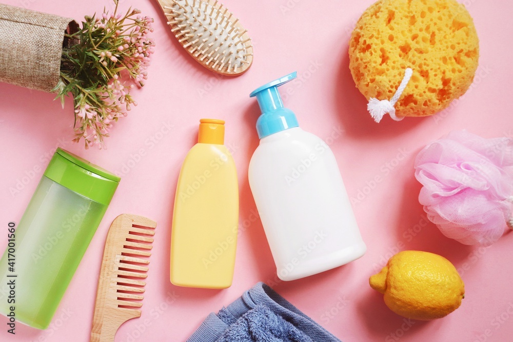 Flat lay composition object photography. Green shampoo bottle, hair ...