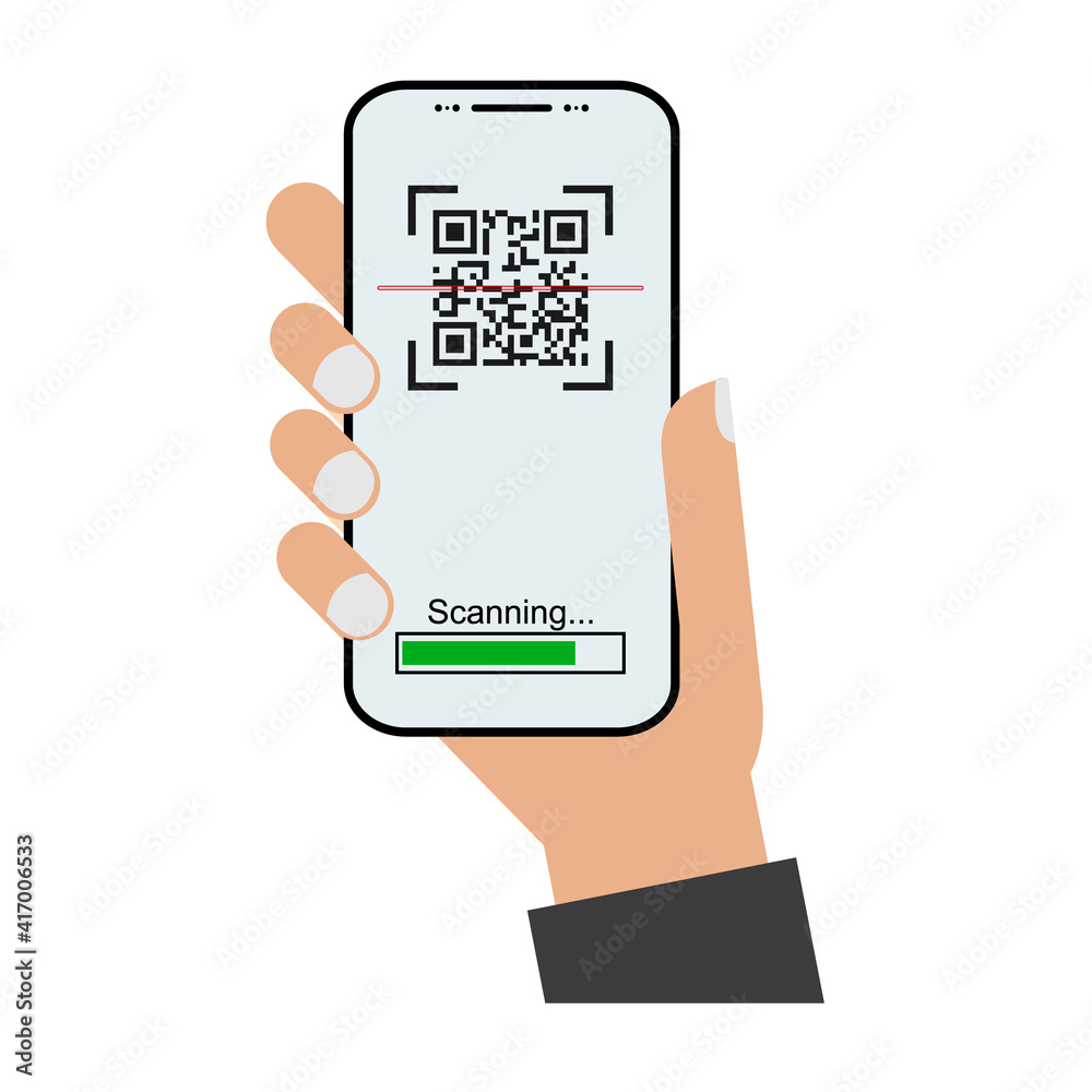 Mobil scan flat icon with hand isolated on white background. QR code ...