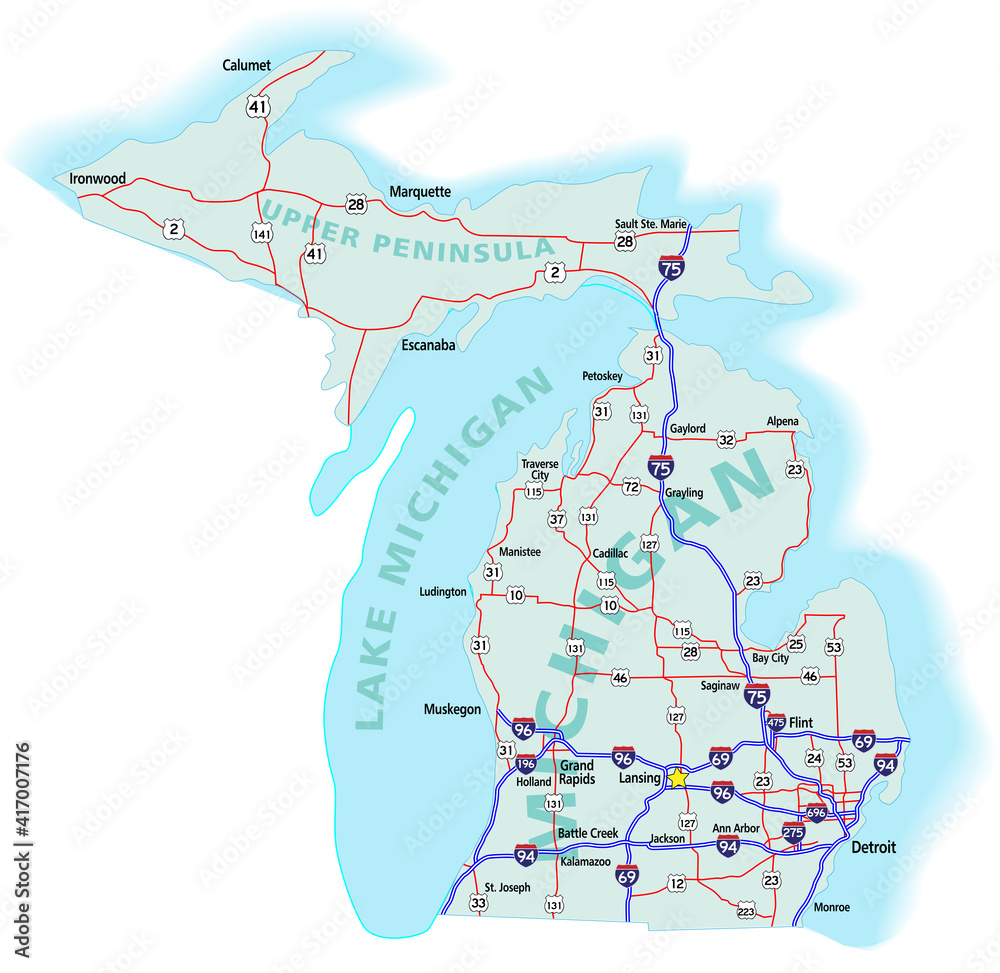 Vector map of the state of Michigan and its Interstate System. Stock ...