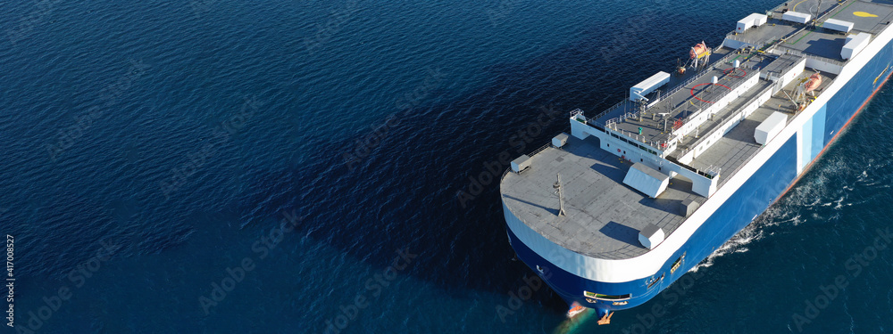 Aerial drone ultra wide photo of huge car carrier ship RO-RO (Roll on ...