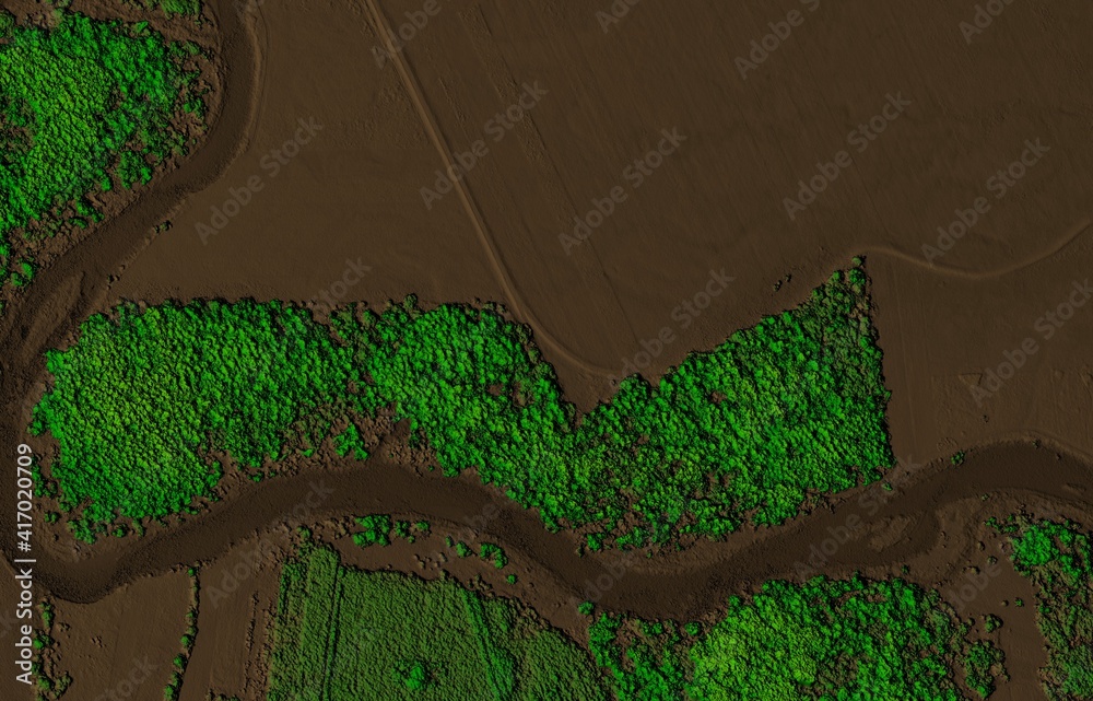Digital elevation model of a forest area with a river. GIS product made ...