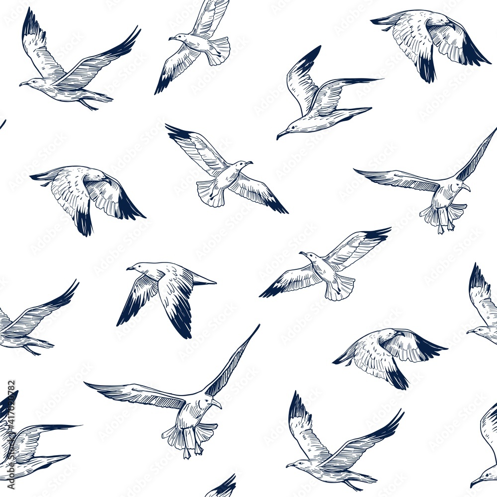 Seamless pattern. seagulls outlines. Hand drawn illustration converted ...