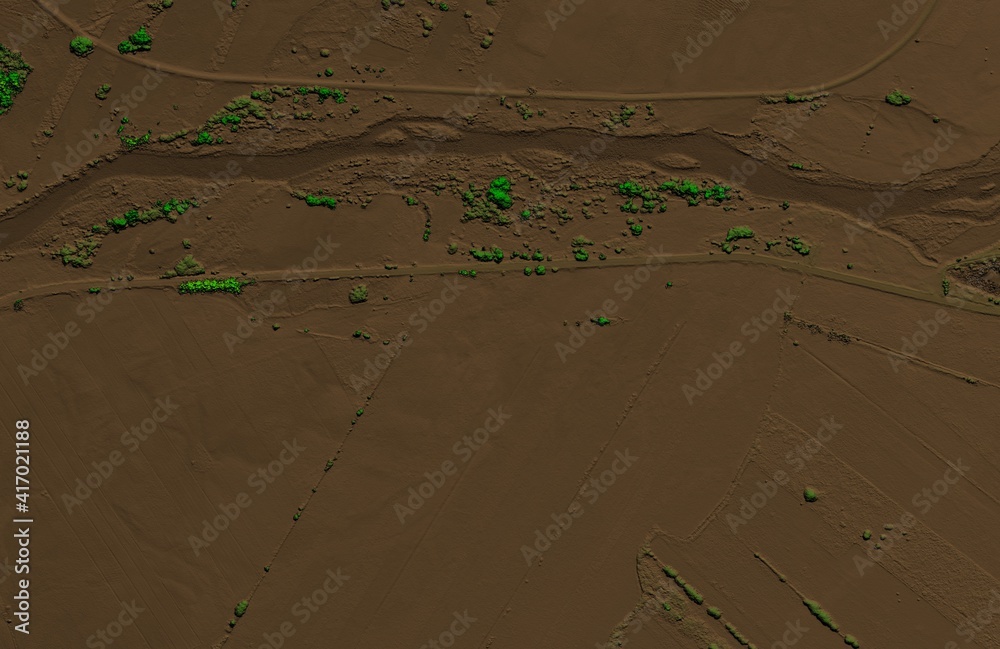 Digital elevation model of a forest area with a river. GIS product made ...