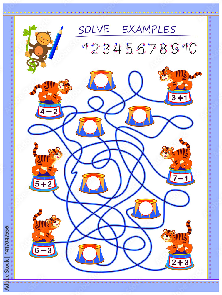 Educational page for little children on addition and subtraction. Solve ...
