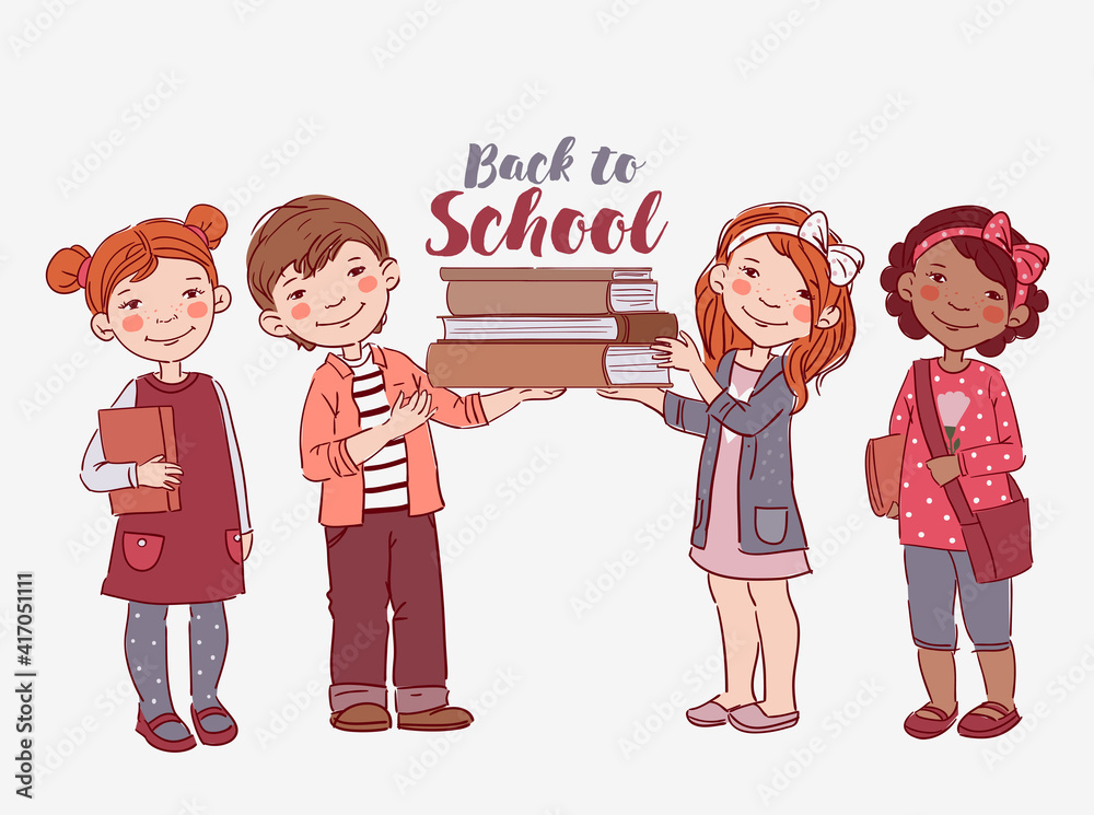 Cute kids with books. Back to school vector concept. Happy boys and ...