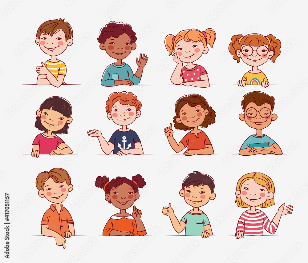 Funny kids. Vector cute boys and girls collection. Multi-ethnic group ...