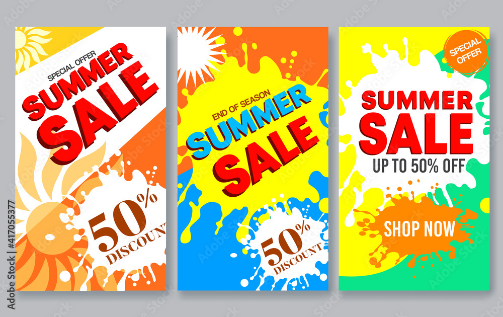 Summer sale vector poster set. Summer sale 50% off text with abstract ...