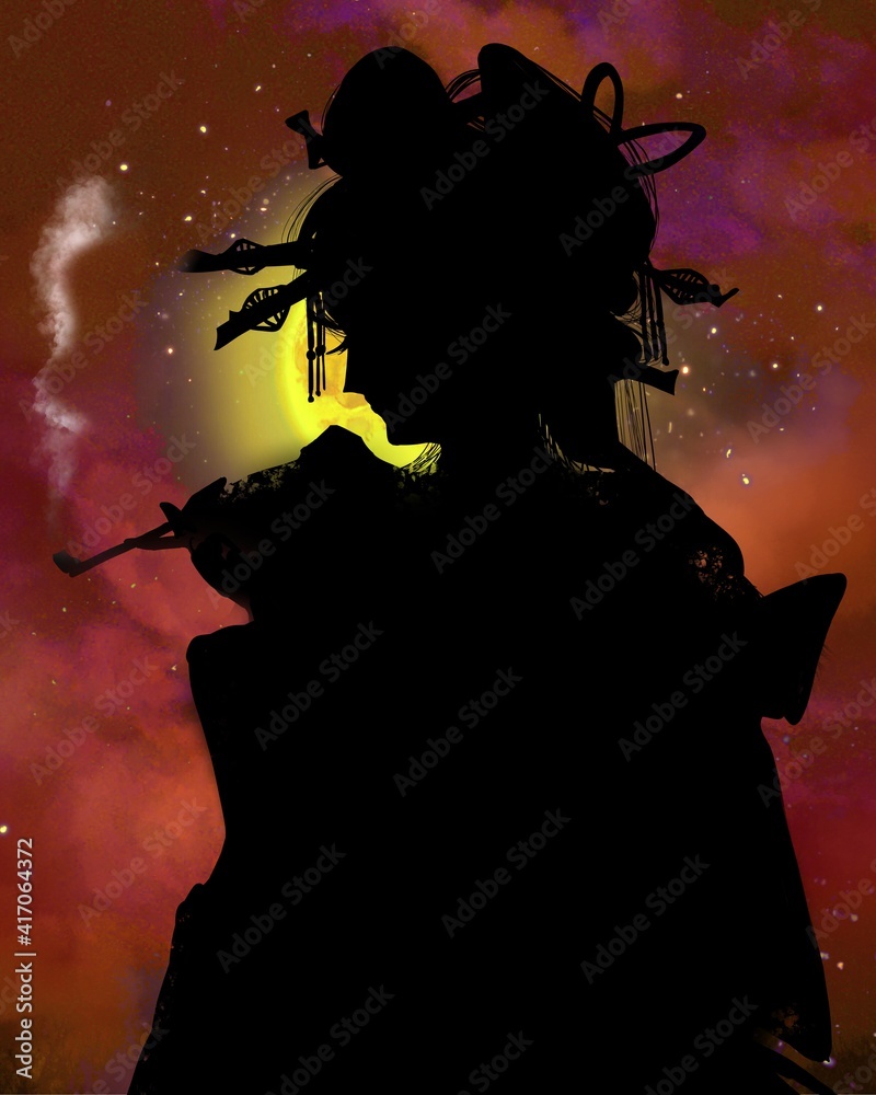 Silhouette of a Japanese geisha having a Japanese smoke pipe in the ...