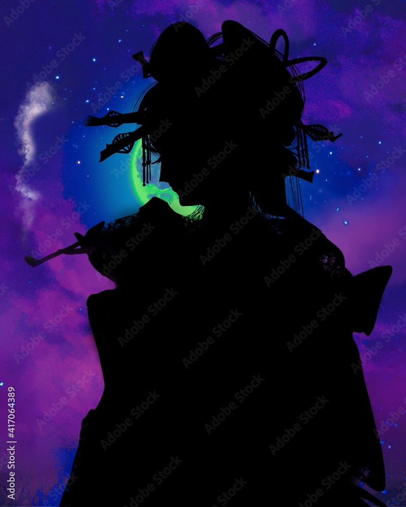 Silhouette of a Japanese geisha having a Japanese smoke pipe in the ...