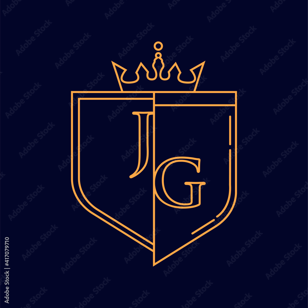 JG initial logotype, colored orange with emblem and crown, line art and ...