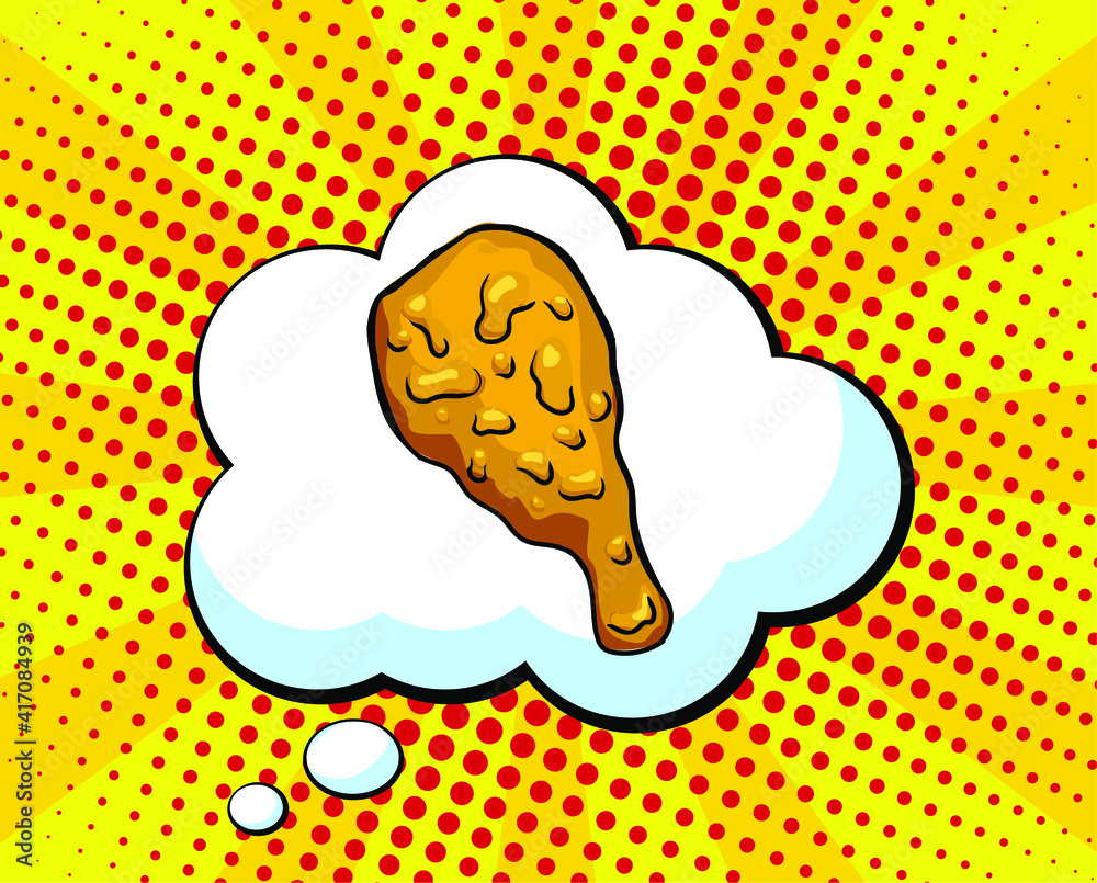 vector illustration with fried chicken meat. Pop art drawing. Sun rays ...