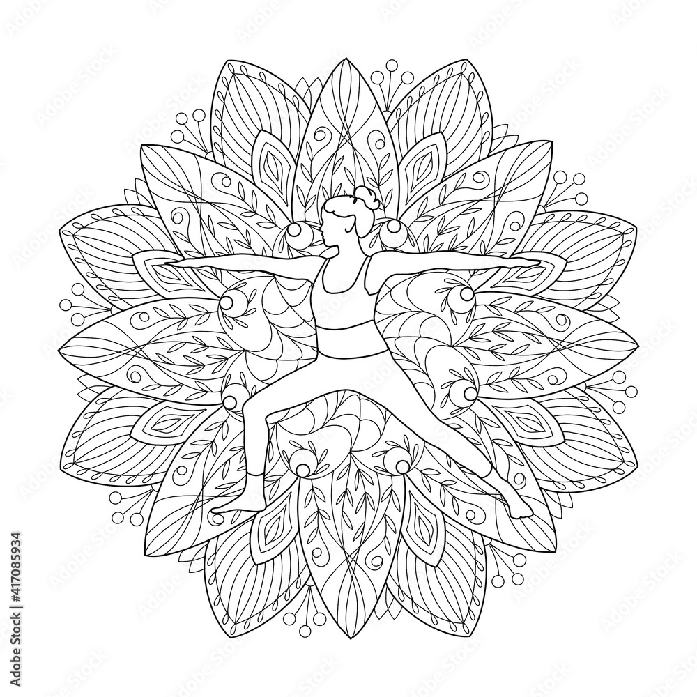 Coloring book page mandala with yoga pose asanas. Yoga school coloring ...
