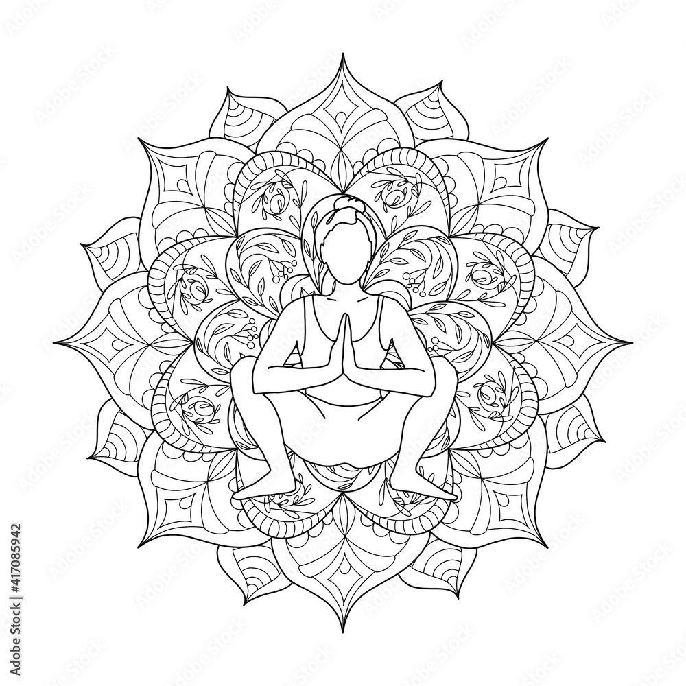 Coloring book page mandala with yoga pose asanas. Yoga school coloring ...