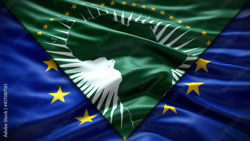 European Union Flag and African Union Flag waving with texture sky ...