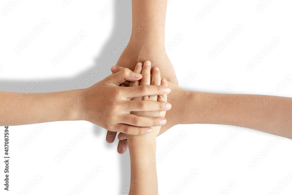 Close up children hands putting their hands together. Stack of hands ...
