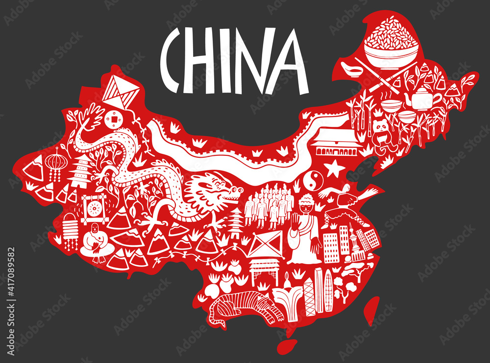 Vector hand drawn stylized map of China. Travel illustration of China ...
