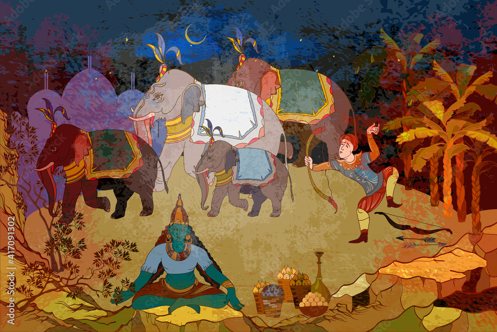 Traditional indian mural paintings style. Old Asian culture. Mythology ...