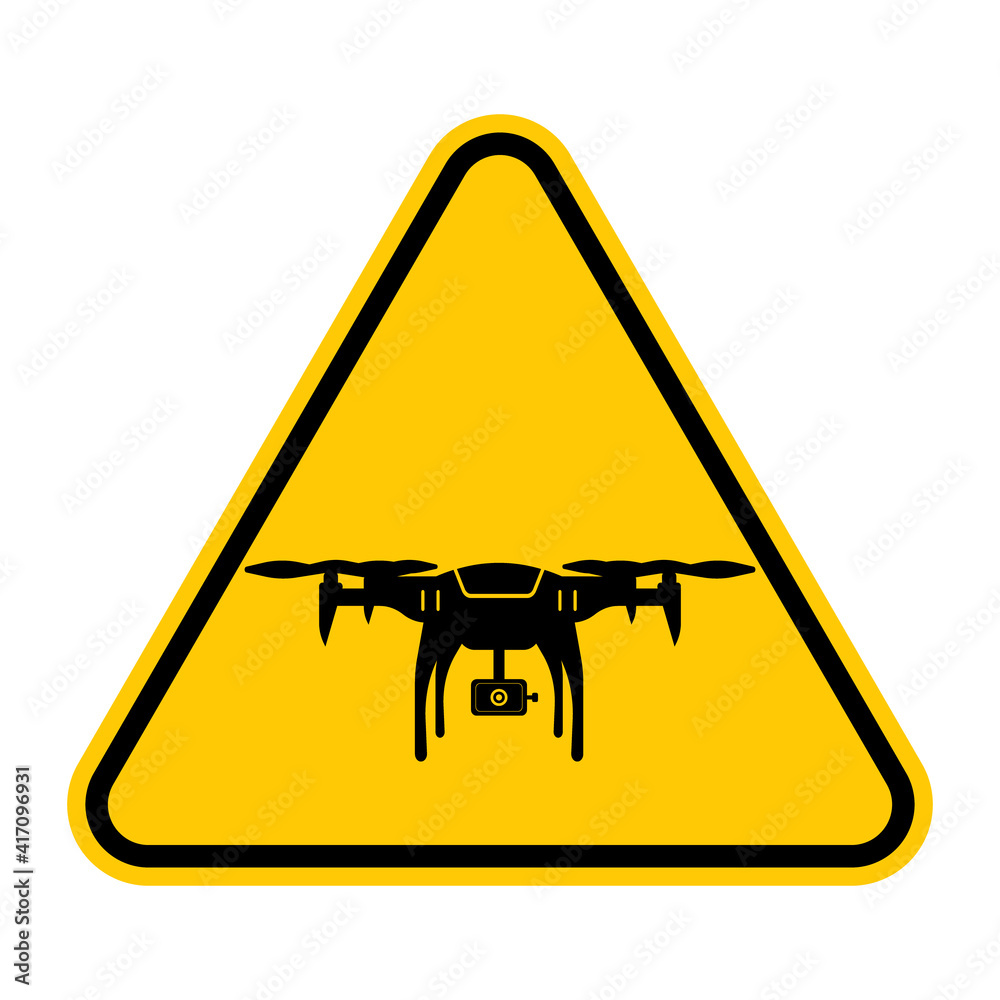 Drone warning sign. Vector illustration of yellow triangle sign with ...