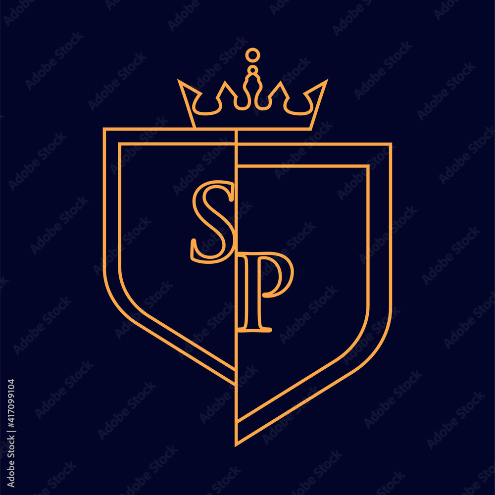 SP initial logotype, colored orange with emblem and crown, line art and ...