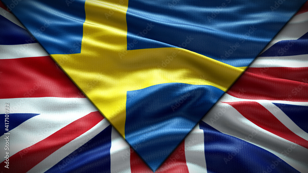 Sweden Flag and United Kingdom Flag waving with texture sky Cloud and ...