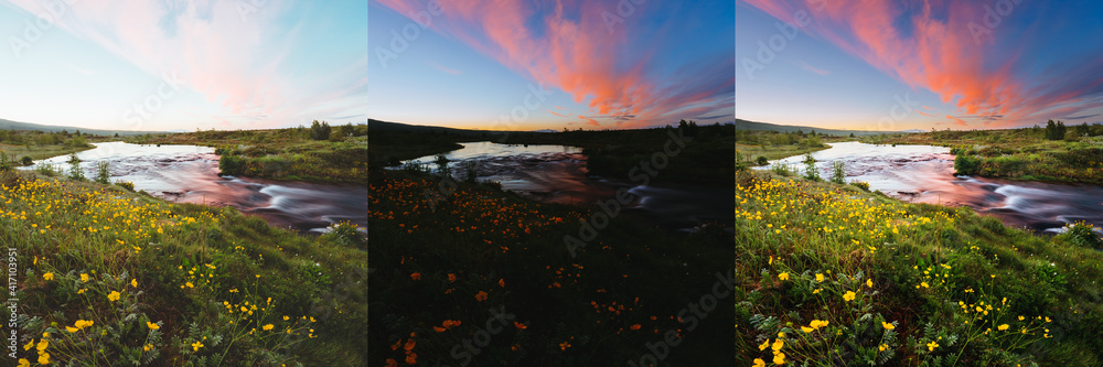 Three photos with different exposures of combined to HDR. Images before ...