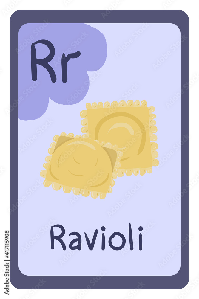 Colorful abc education flash card, Letter R - ravioli, Italian food ...
