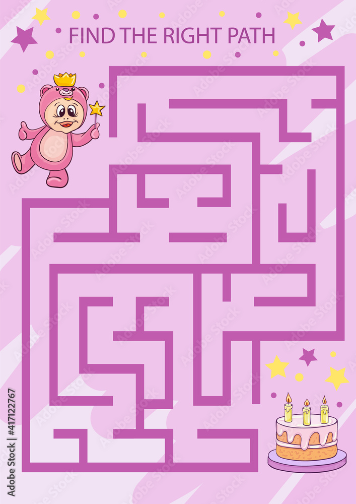Kids maze game with cute little princess to birthday cake. Children ...