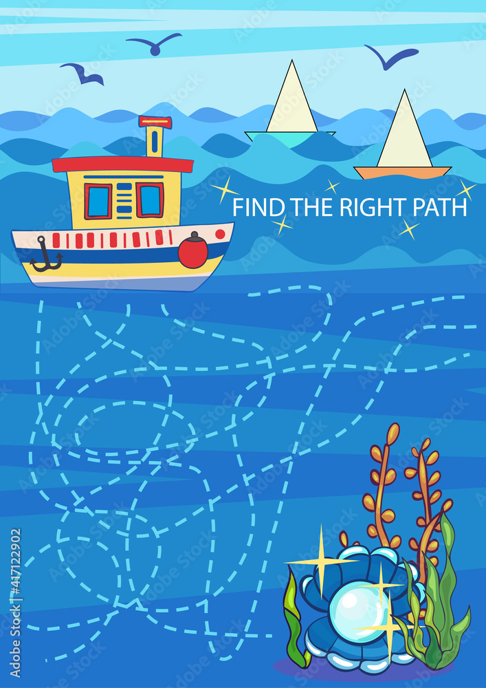 Kids maze game with cartoon sea boat and pearl shell. Children funny ...