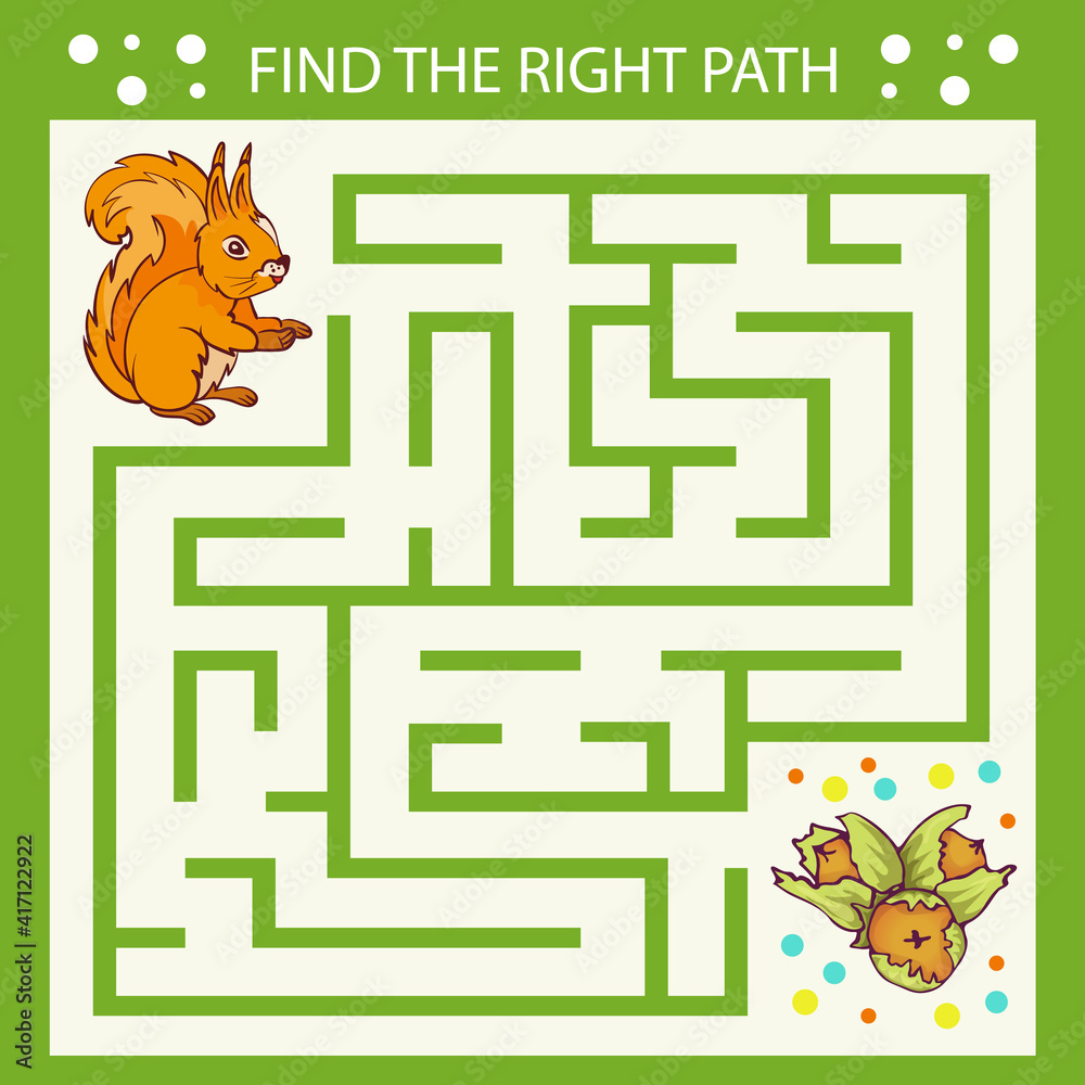 Cartoon squirrel and hazel nuts. Children maze. Kids game. Activity ...