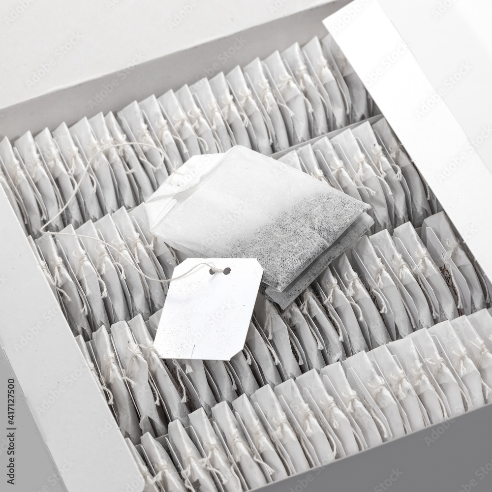 Tea bags in carton box set close up. Blank template mock-up for ...
