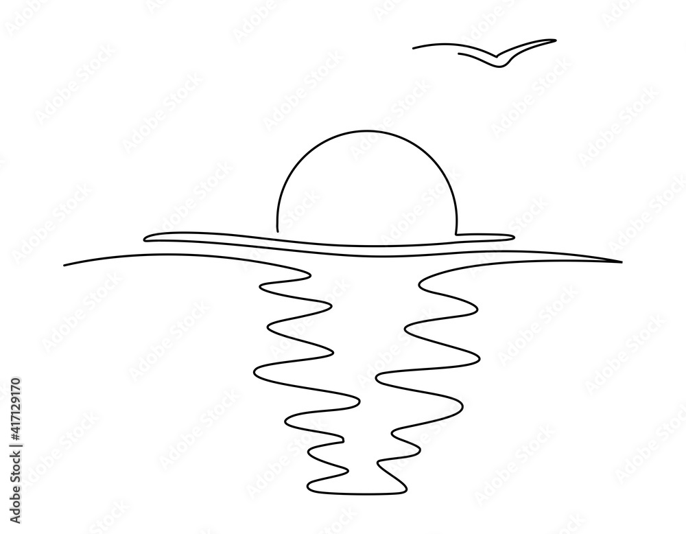Sunset over the sea. Single continuous line drawing. Vector ...