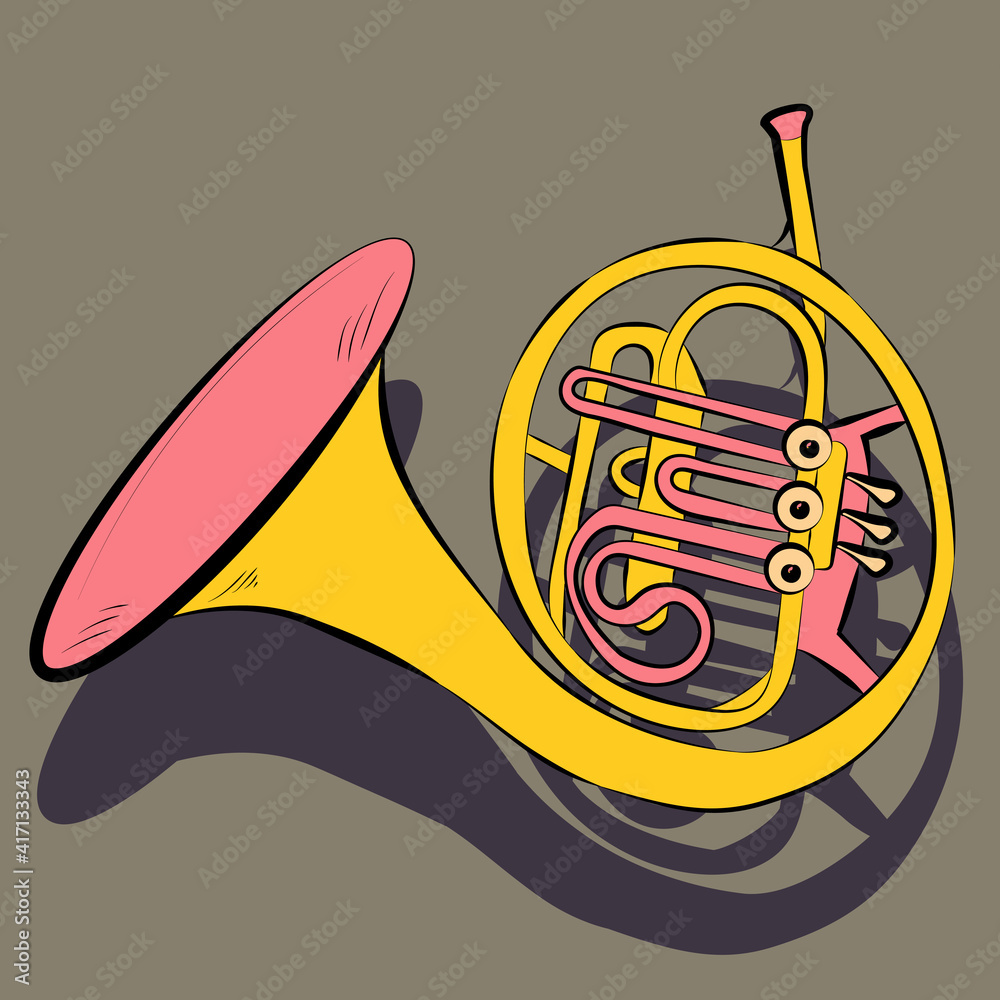 French horn in yellow and pink tones hand drawing outline symbol icon ...