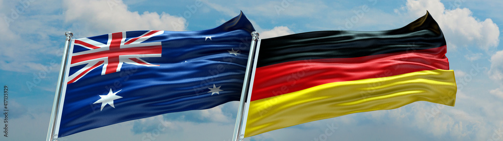 Germany Flag and Australia Flag waving with texture Blue sky with clouds Double flag Stock ...