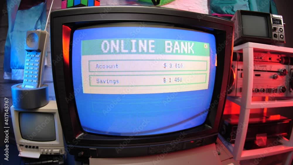Online banking in the 80s 90s on a vintage CRT computer screen showing ...